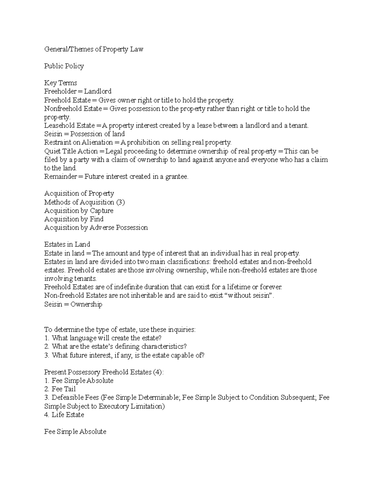 Outline - General/Themes of Property Law Public Policy Key Terms ...