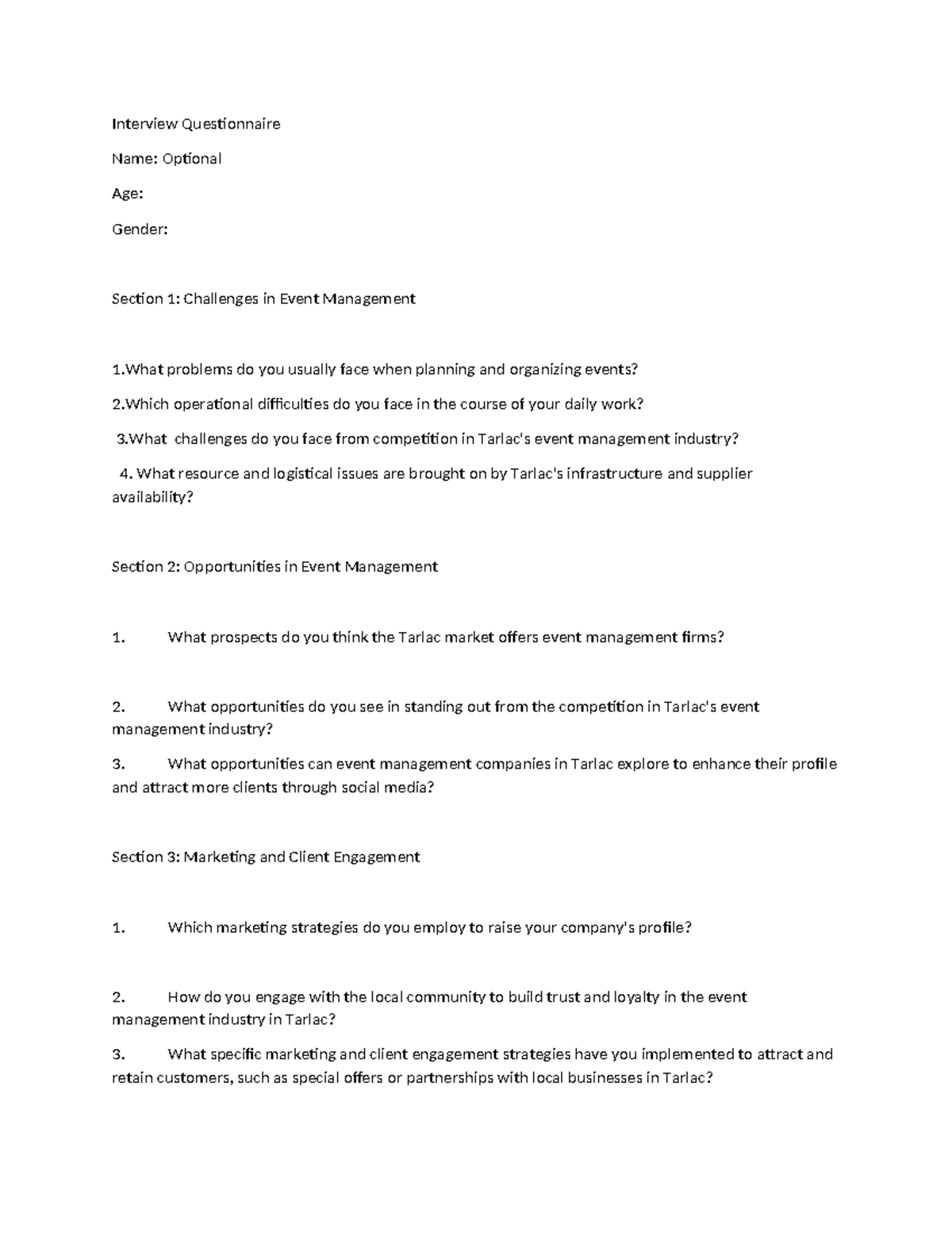 Interview Questionnaire - Edited - Interview Questionnaire Name ...