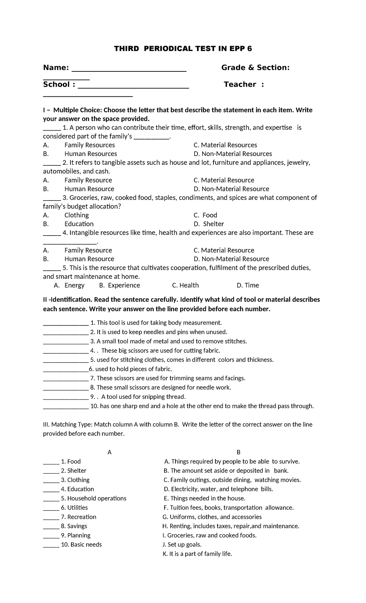 639056834 Third Periodical TEST IN EPP 6 - THIRD PERIODICAL TEST IN EPP ...