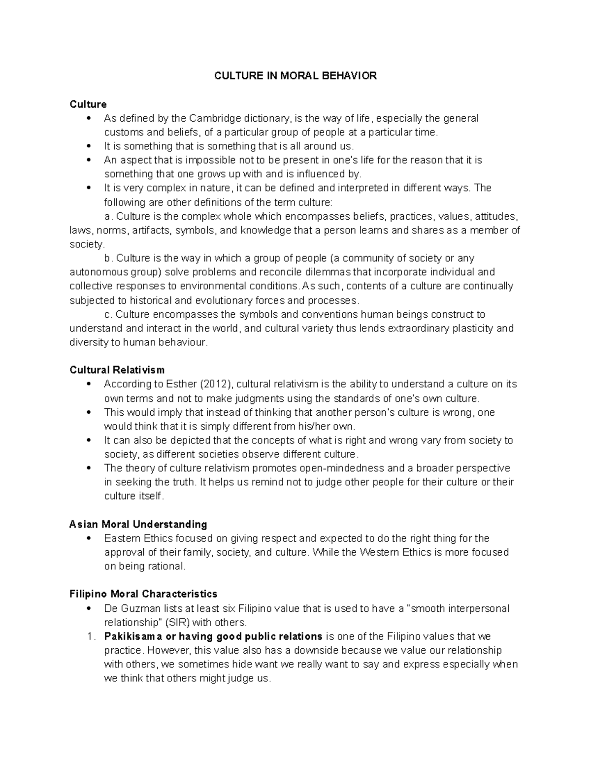 Ethics- Culture in Moral Behavior - CULTURE IN MORAL BEHAVIOR Culture ...