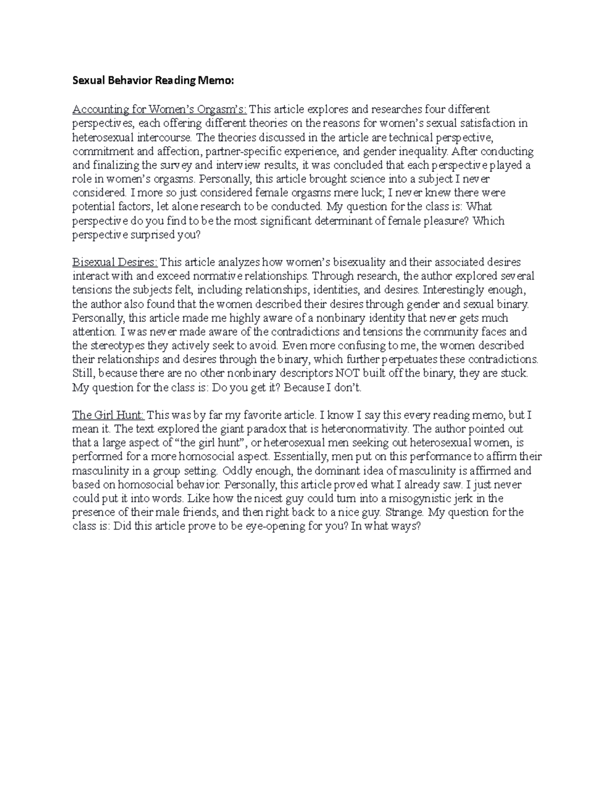 Sexual Behavior Reading Memo (p T1) - Sexual Behavior Reading Memo ...