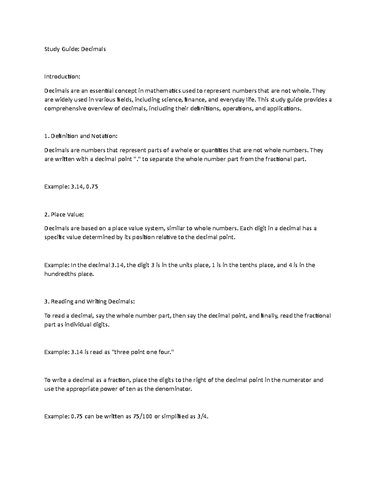4 decimals - Study Guide: Decimals Introduction:Decimals are an ...