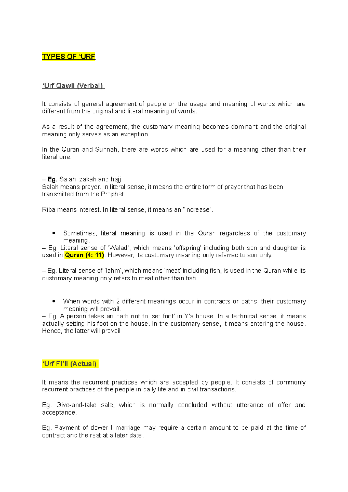 Types OF ‘URF - TYPES OF ‘URF ‘Urf Qawli (Verbal) It consists of ...