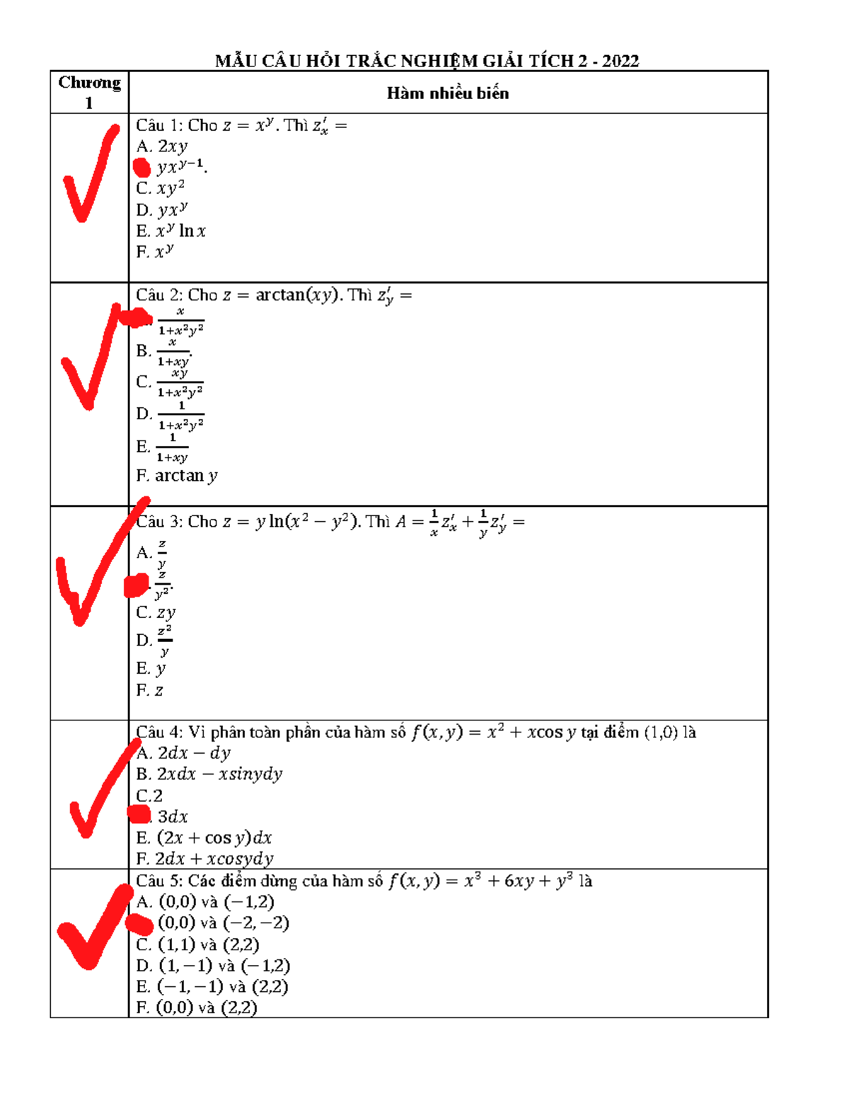 Bailam - this is pdf version for students - MẪU CÂU HỎI TRẮC NGHIỆM GIẢI TÍCH 2 - 2022 Chương 1 ...