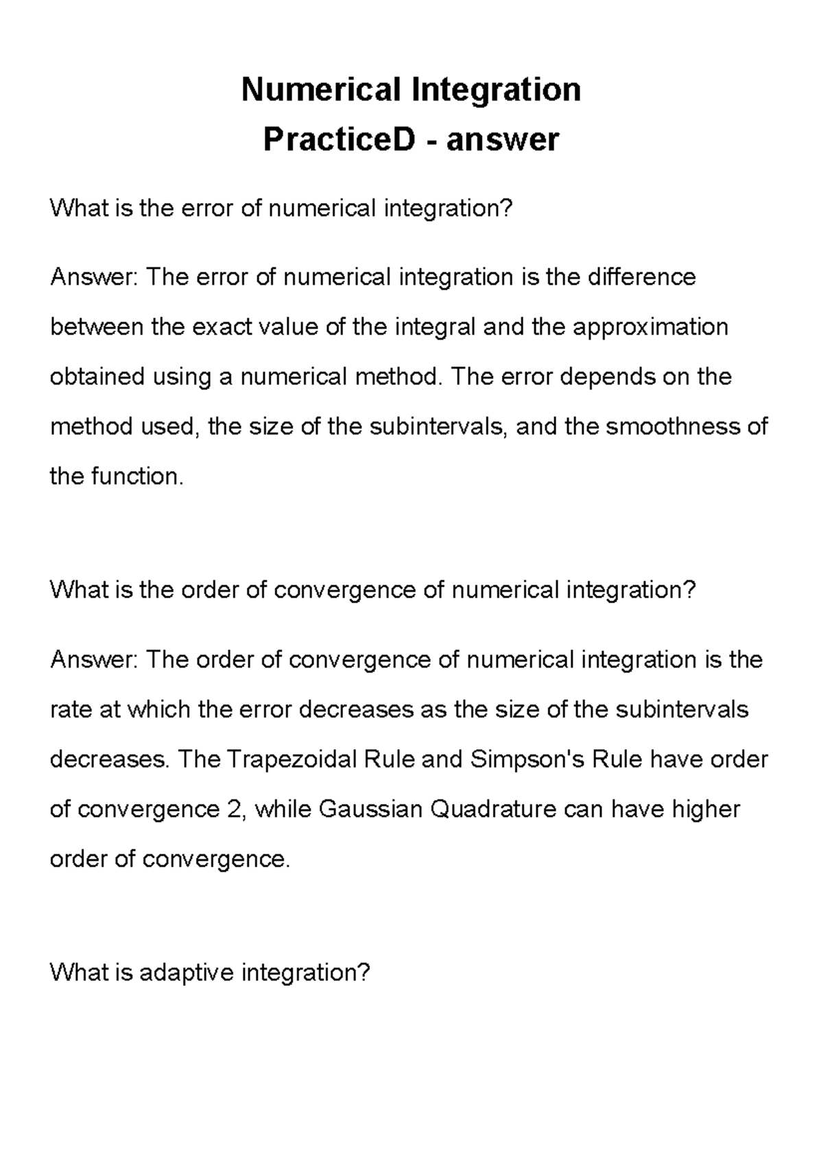 Numerical Integration Practice D - answer - Numerical Integration ...