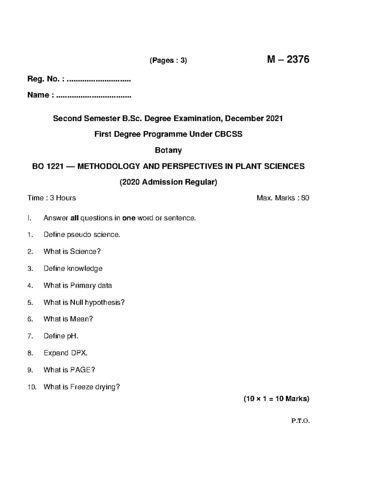 Botany questions 1 - Question paper - (Pages : 3) M – 2376 P.T. Reg. No ...