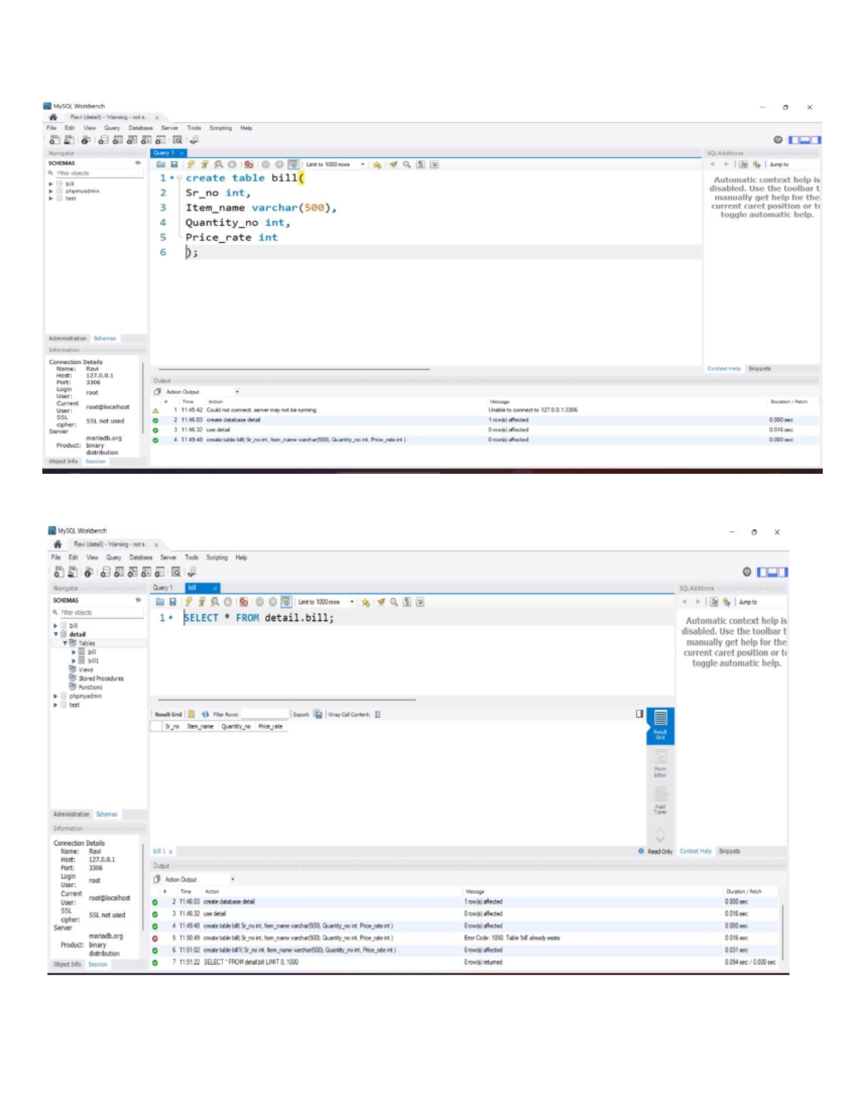 Dbms practical 1 &2 - MySQL Workbench Ravi (detail) Warning not x File Edit View Query Database ...
