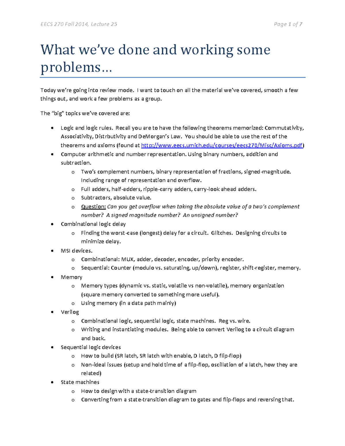 Introduction To Logic Design Eecs 270 20142015 Lecture Notes Lecture