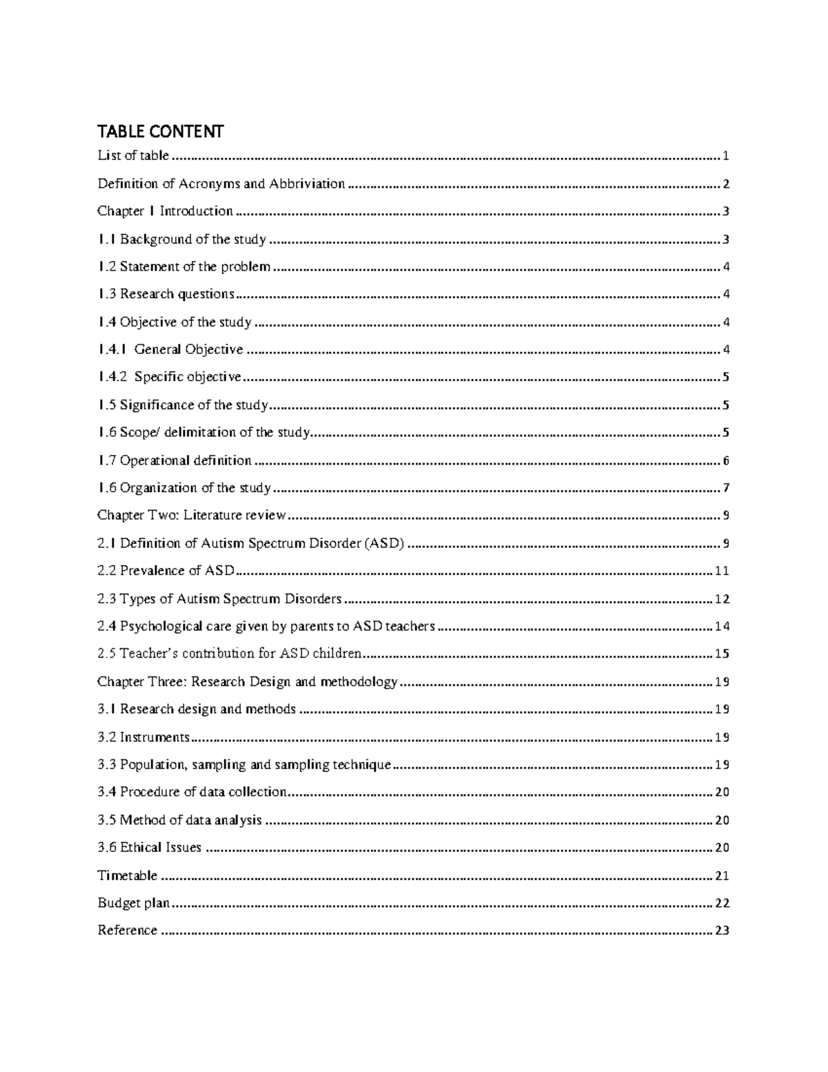 Autism proposal - TABLE CONTENT List of table Definition of Acronyms ...
