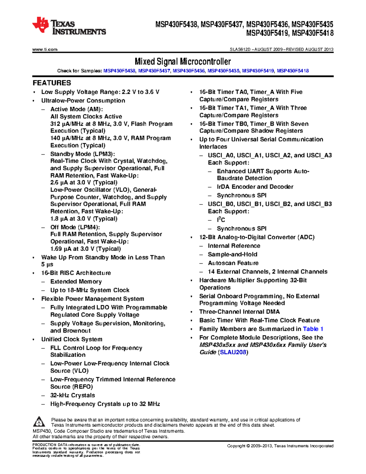Pdf msp430f5438 TI - Mixed Signal Microcontroller - 臺大 - Studocu