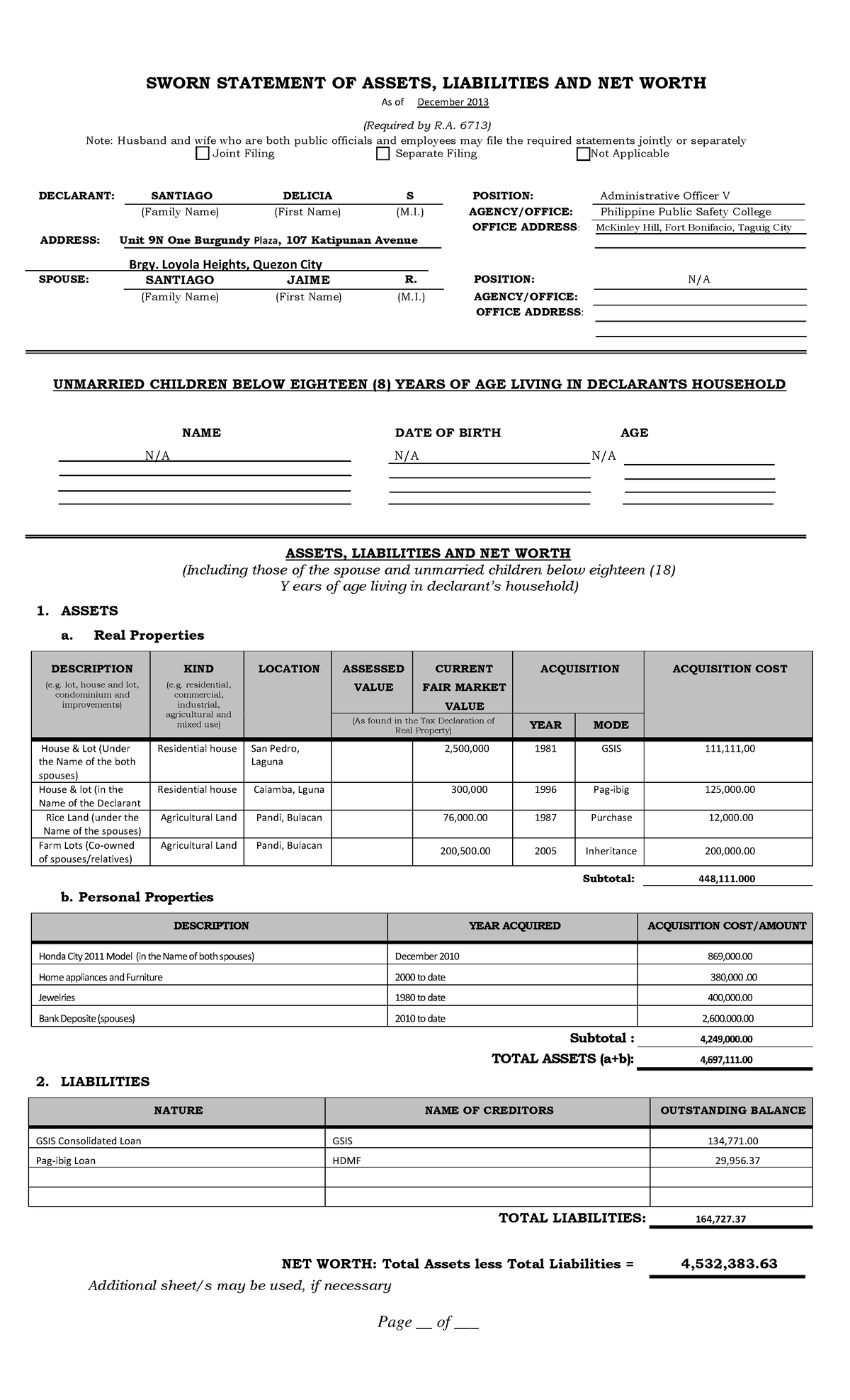 SALN-FORM - SWORN STATEMENT OF ASSETS, LIABILITIES AND NET WORTH As of ...
