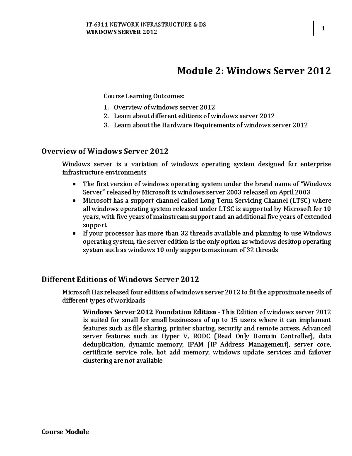 W001 Lesson 1 Windows Server 2012 - Module - IT-6311 NETWORK ...