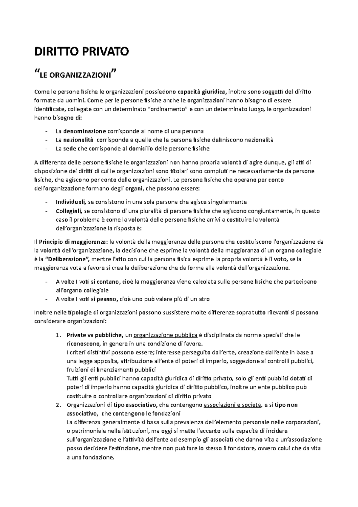 Diritto privato - DIRITTO PRIVATO “LE ORGANIZZAZIONI” Come le persone ...