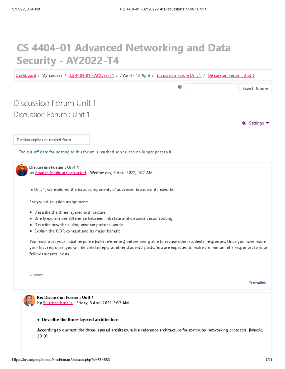 CS 4404-01 - AY2022-T4_ Discussion Forum _ Unit 1.pdf - CS 4404-01 Advanced Networking and Data ...