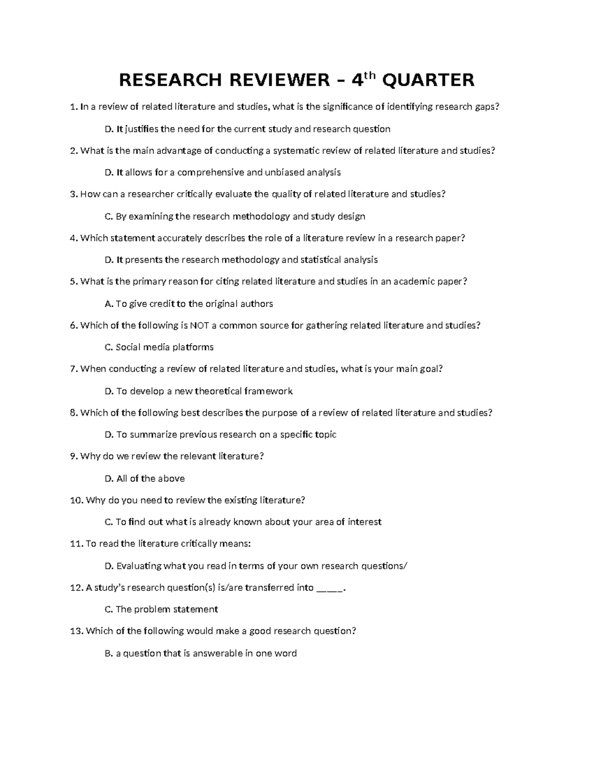Research-Reviewer-4th-Quarter-Exam - RESEARCH REVIEWER – 4 th QUARTER 1 ...