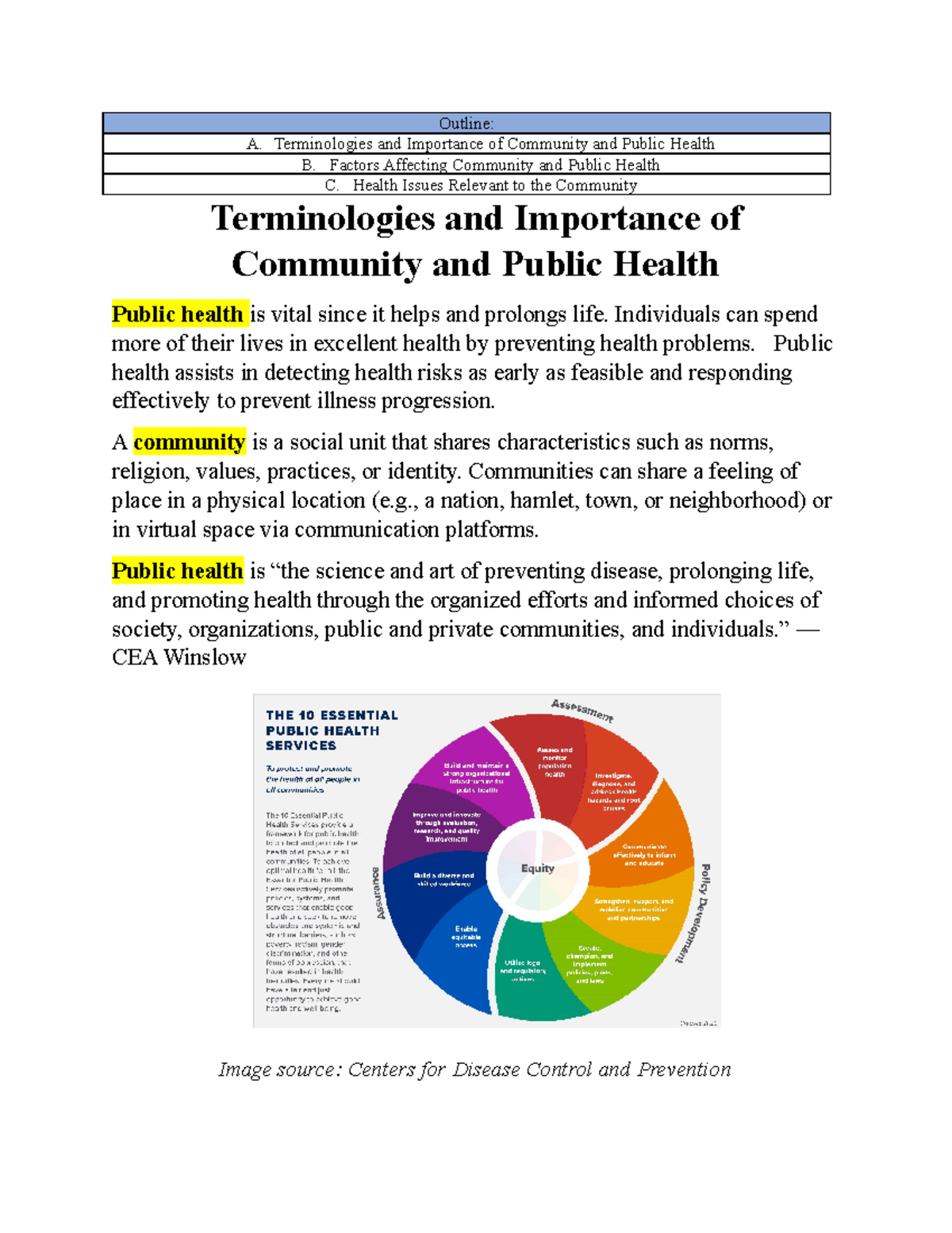 Community and Public Health M1 - Outline: A. Terminologies and ...