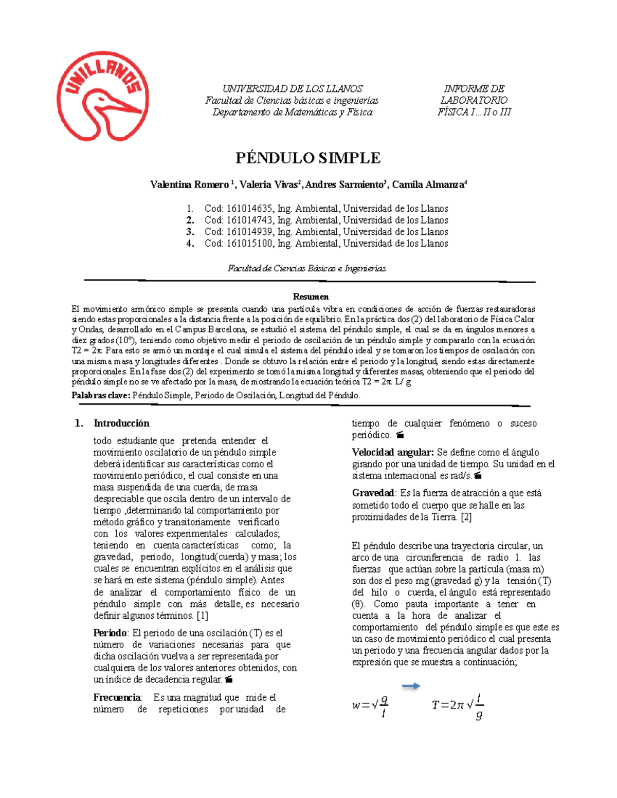 Péndulo Simple correccion - UNIVERSIDAD DE LOS LLANOS Facultad de Ciencias básicas e ingenierías ...