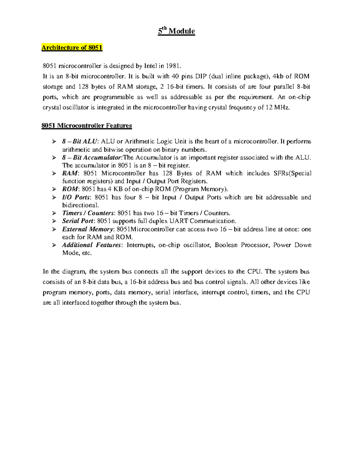 8051 5th module handouts - 5 th Module Architecture of 8051 8051 microcontroller is designed by ...