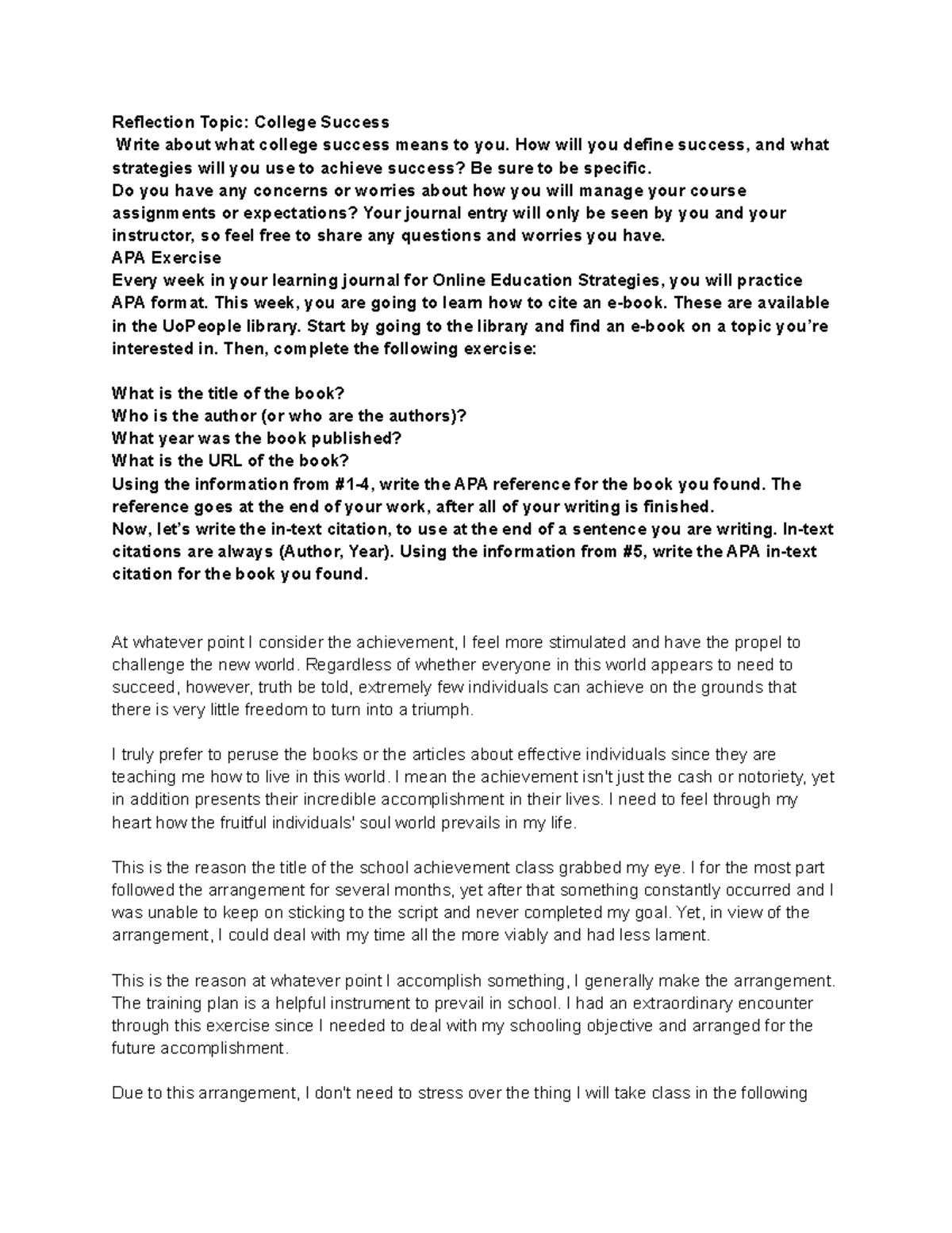 Univ 1001 - Learning Journal Unit 1 - Reflection Topic: College Success ...