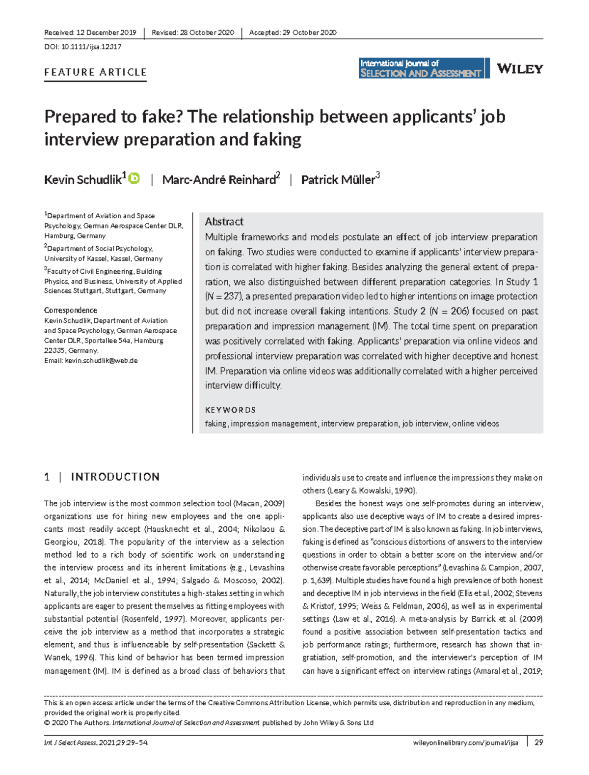 Prepare to be fake, job interview - Int J Select Assess. 2021;29:29–54 ...