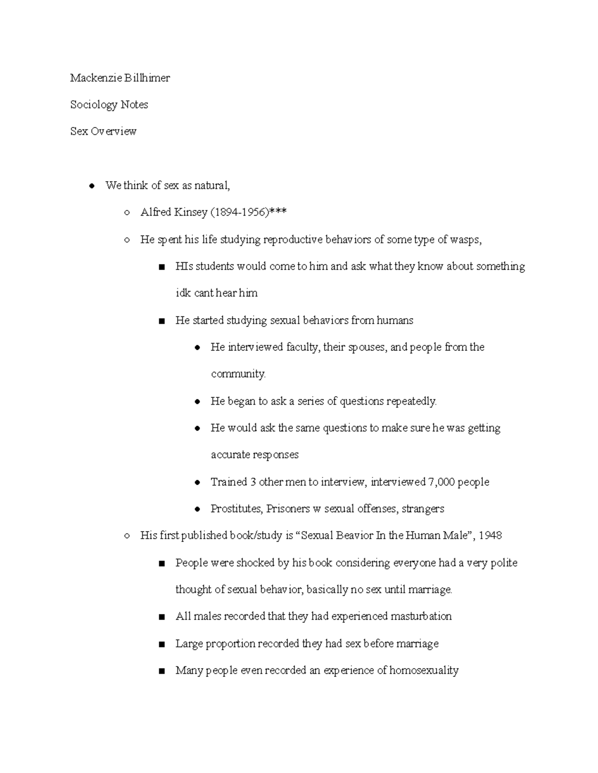 Sex Overview Notes Mackenzie Billhimer Sociology Notes Sex Overview