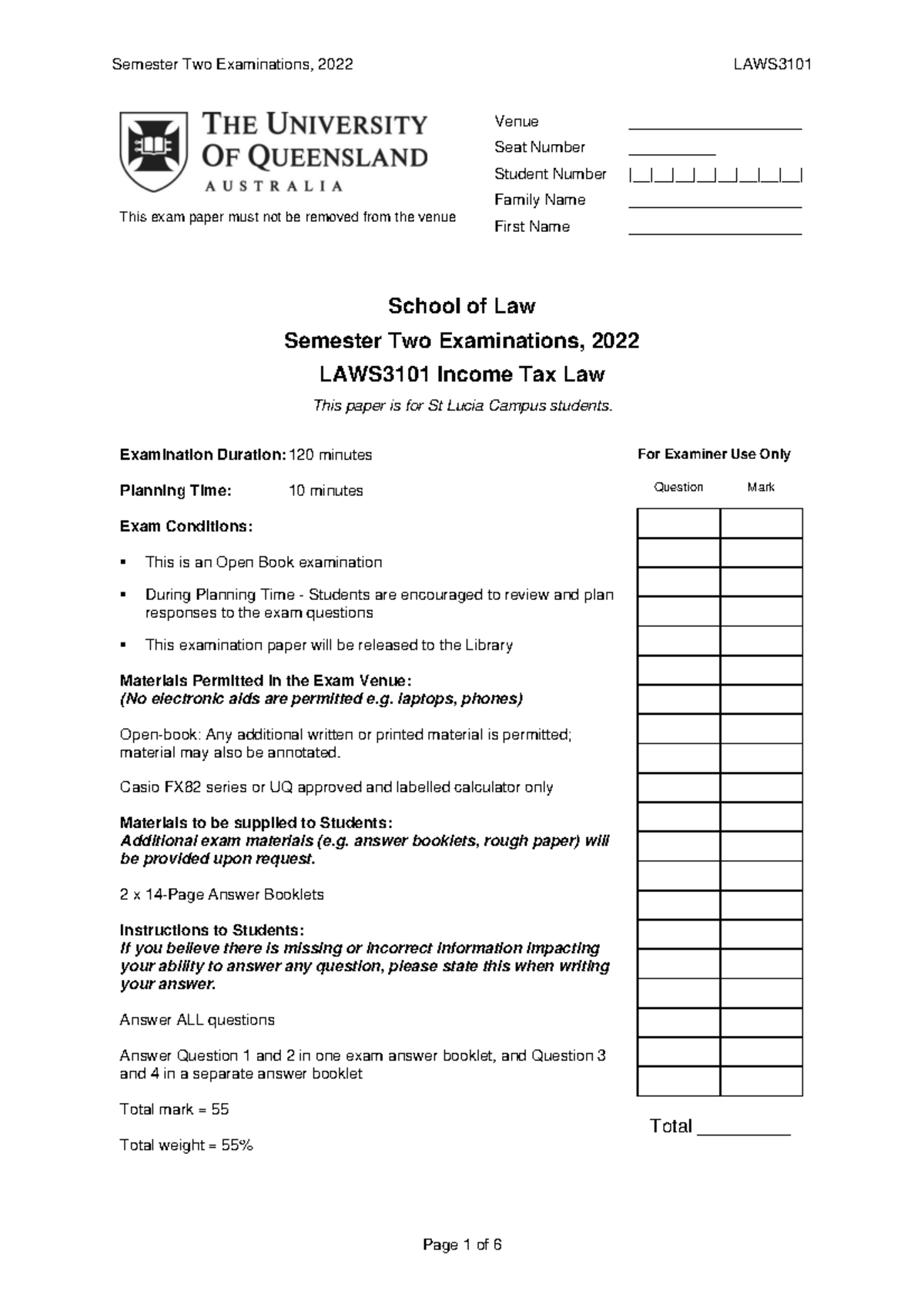 Semester Two Final Examinations 2022 LAWS3101 - This exam paper must ...