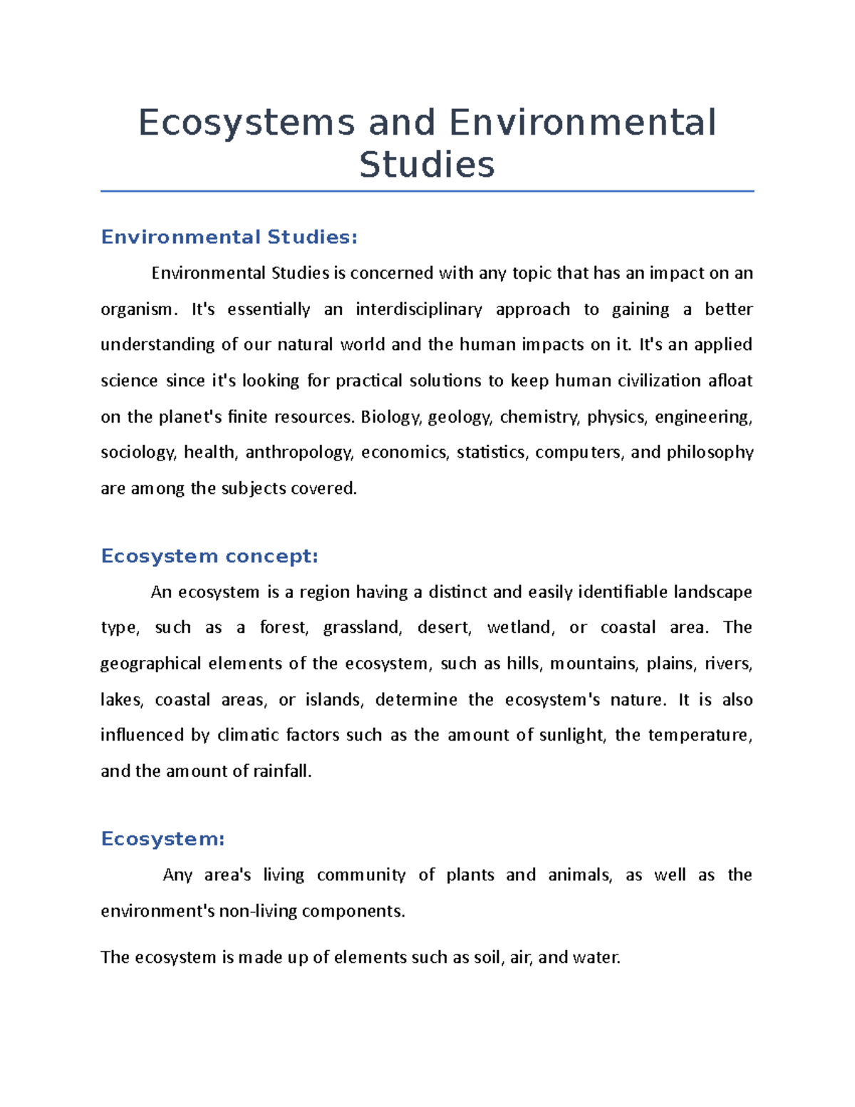 Ecosystems and Environmental Studies - Ecosystems and Environmental ...