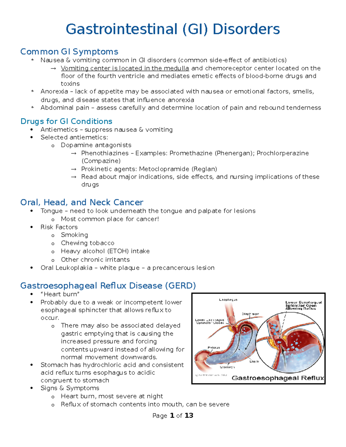 GI Notes - Gastrointestinal (GI) Disorders Common GI Symptoms Nausea ...