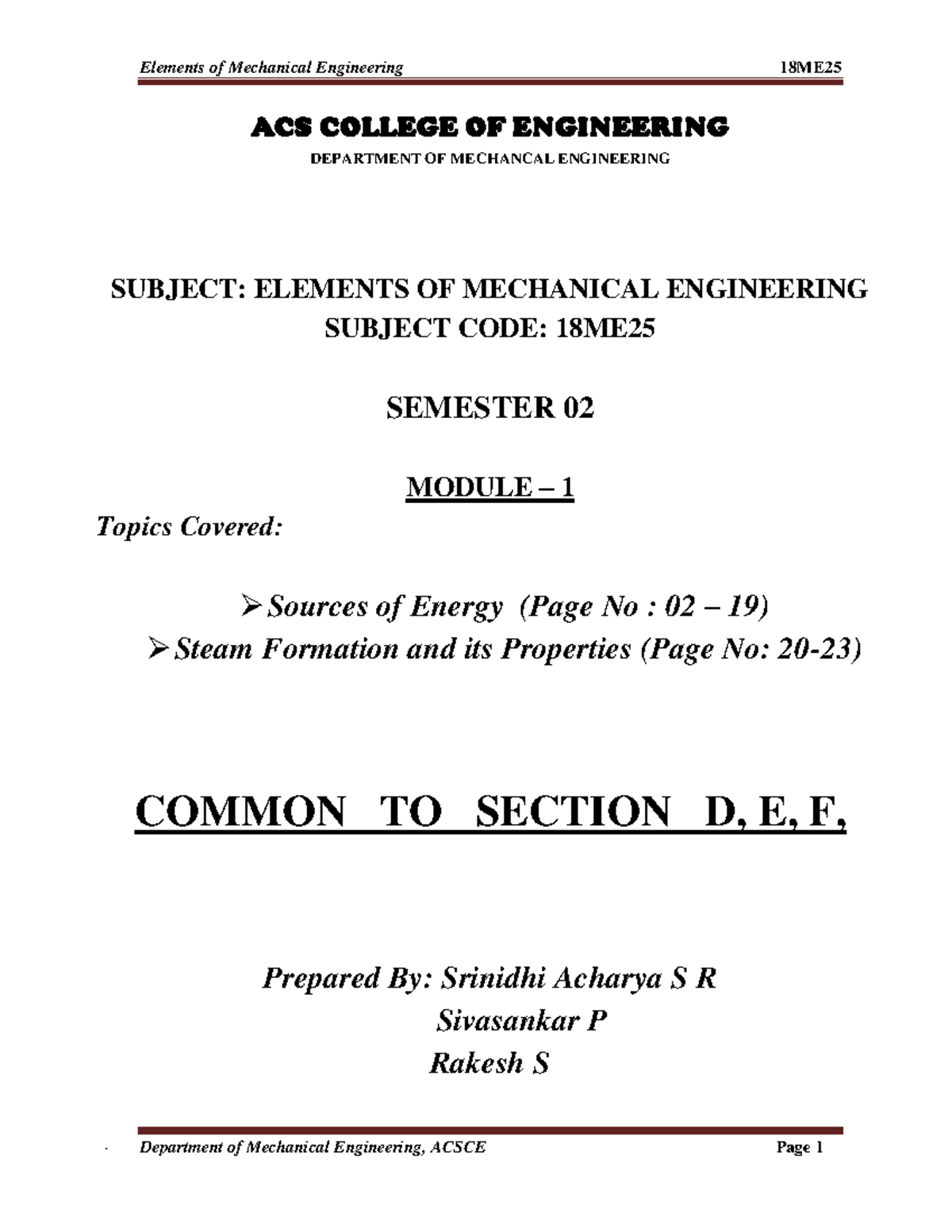 18ME25-Module-1 - Mech - ACS COLLEGE OF ENGINEERING DEPARTMENT OF ...