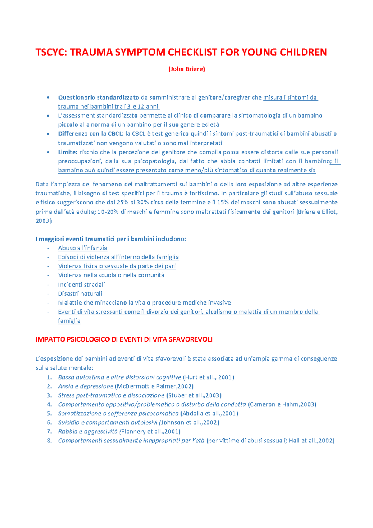 Tscyc - TSCYC: TRAUMA SYMPTOM CHECKLIST FOR YOUNG CHILDREN (John Briere) Questionario - Studocu