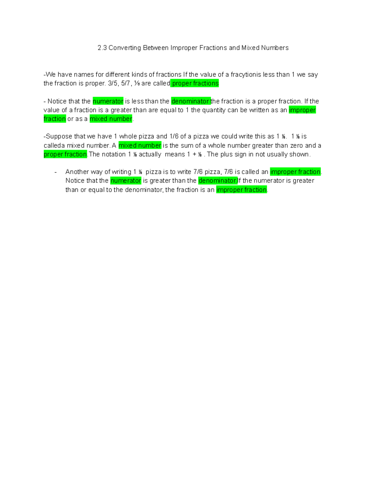 Math 090 Professor Lynn 2 Converting Between Improper Fractions And