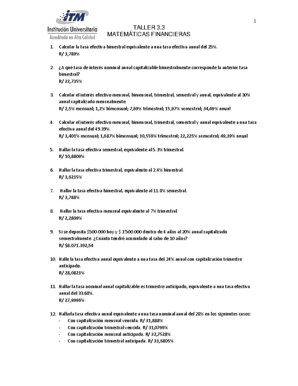 Taller tasas de Interés Nominal Efectivo - 1 TALLER 3. MATEMÁTICAS ...