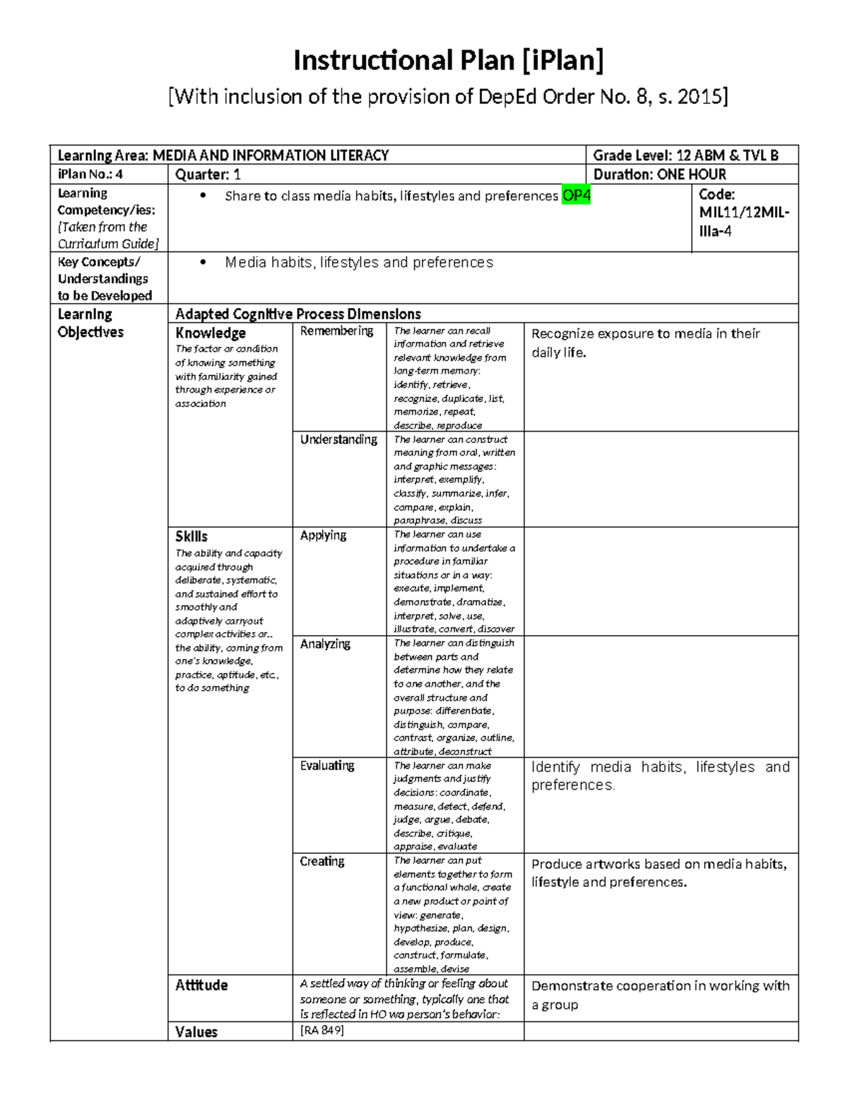 MILQ1 LC4 - Instructional Plan [iPlan] [With inclusion of the provision of DepEd Order No. 8, s ...