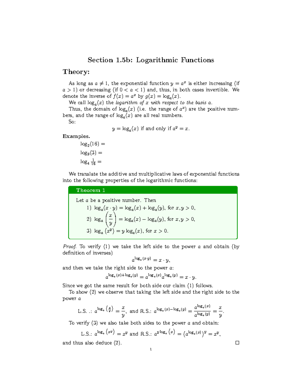 16section 3 - notes - Section 1: Logarithmic Functions Theory: As long ...