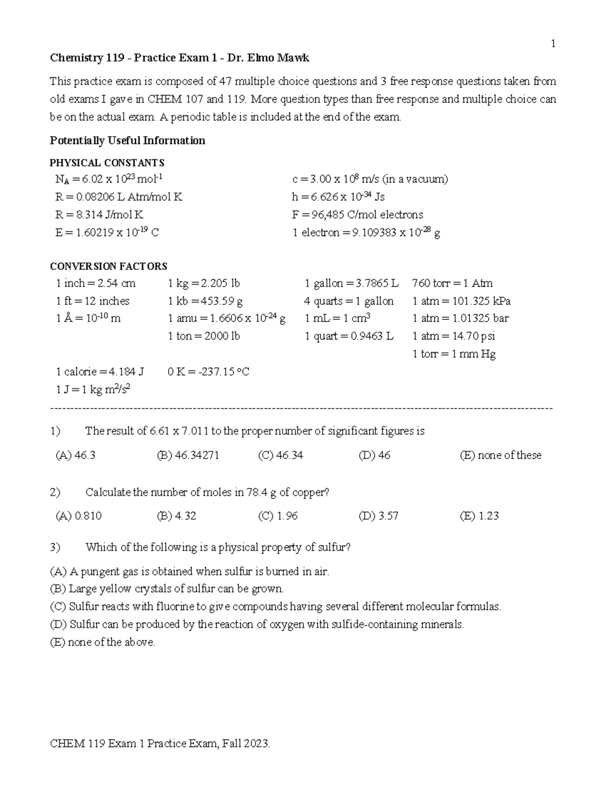 Exam 1 Practice Test - important - Chemistry 119 - Practice Exam 1 - Dr ...