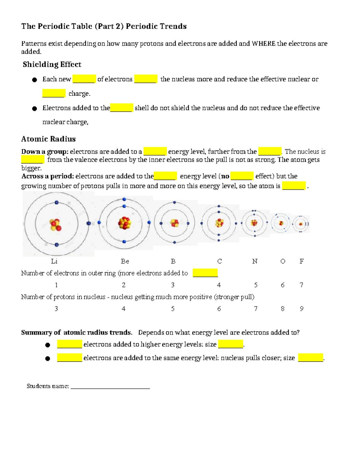 Copy of Honors PT Trends - The Periodic Table (Part 2) Periodic Trends ...