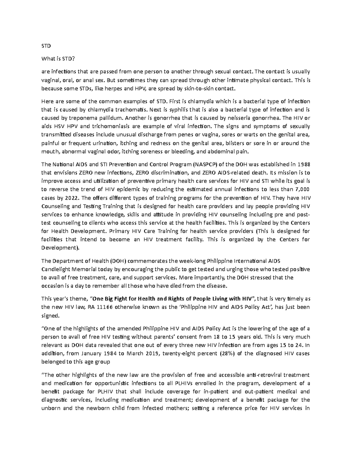 Script - RLE presentation - STD What is STD? are infections that are ...