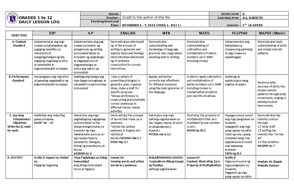 DLL ALL Subjects 2 Q2 W6 D1 - GRADES 1 to 12 DAILY LESSON LOG School: Grade Level: II Teacher ...