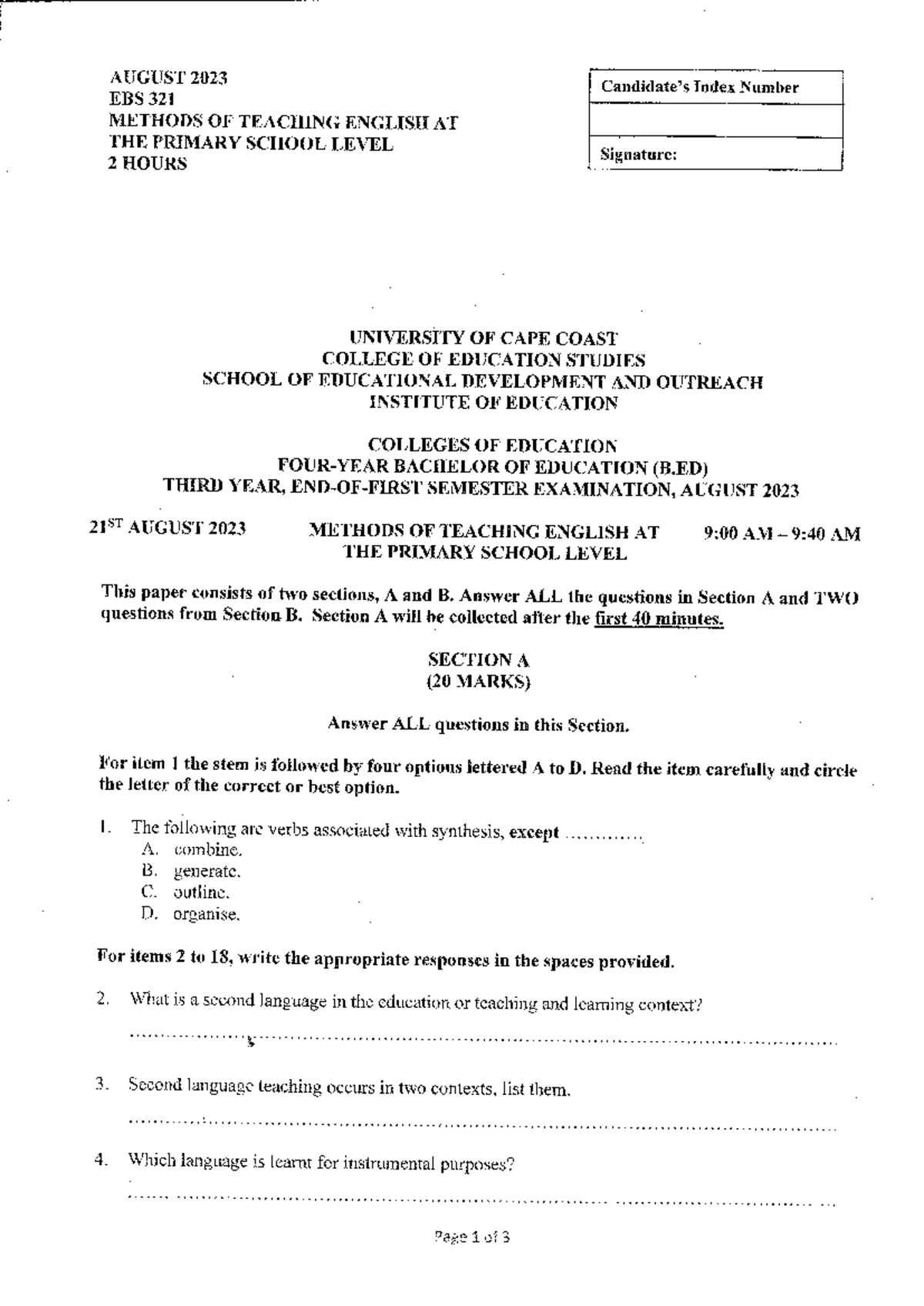 Methods of Teaching English (PRI) - 2023 End of Sem - Sect A ...