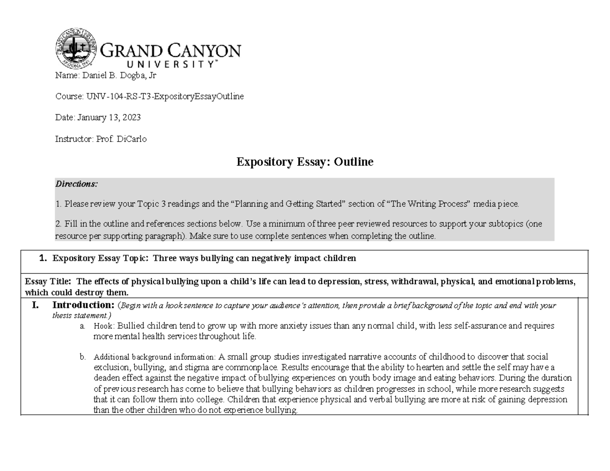 UNV 104 RS T3 Expository Essay Outline Assignment - Name: Daniel B ...