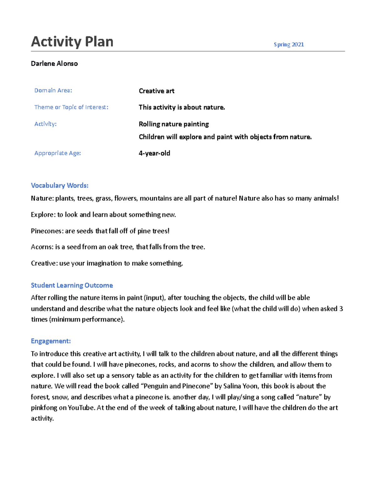 Activity plan creative art - Activity Plan Spring 2021 Darlene Alonso ...