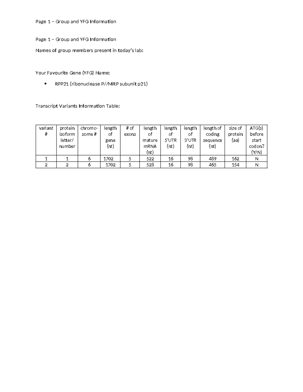 YFG Document Pre Lab - Page 1 – Group and YFG Information Page 1 ...