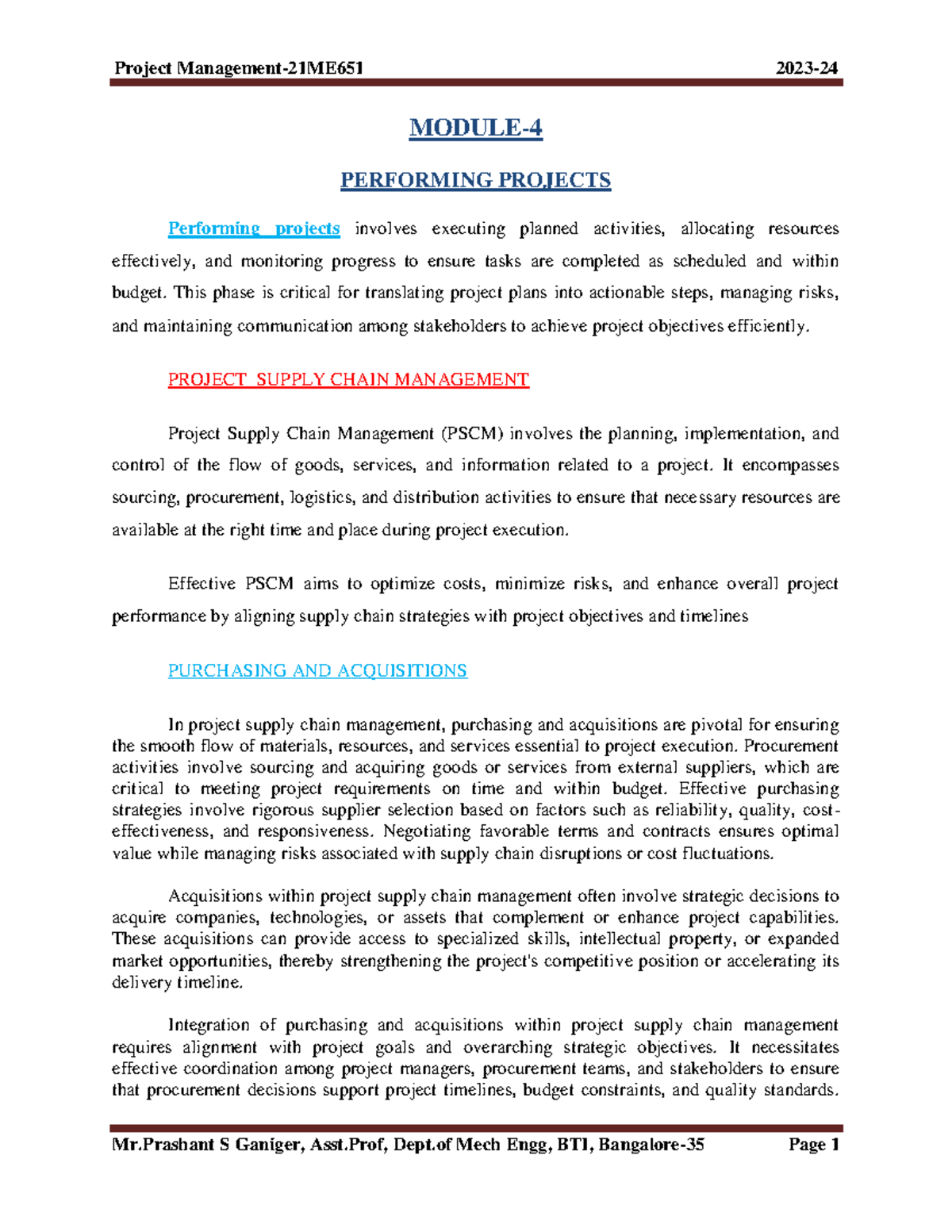 Project Management, Module-4 Notes - MODULE- 4 PERFORMING PROJECTS ...