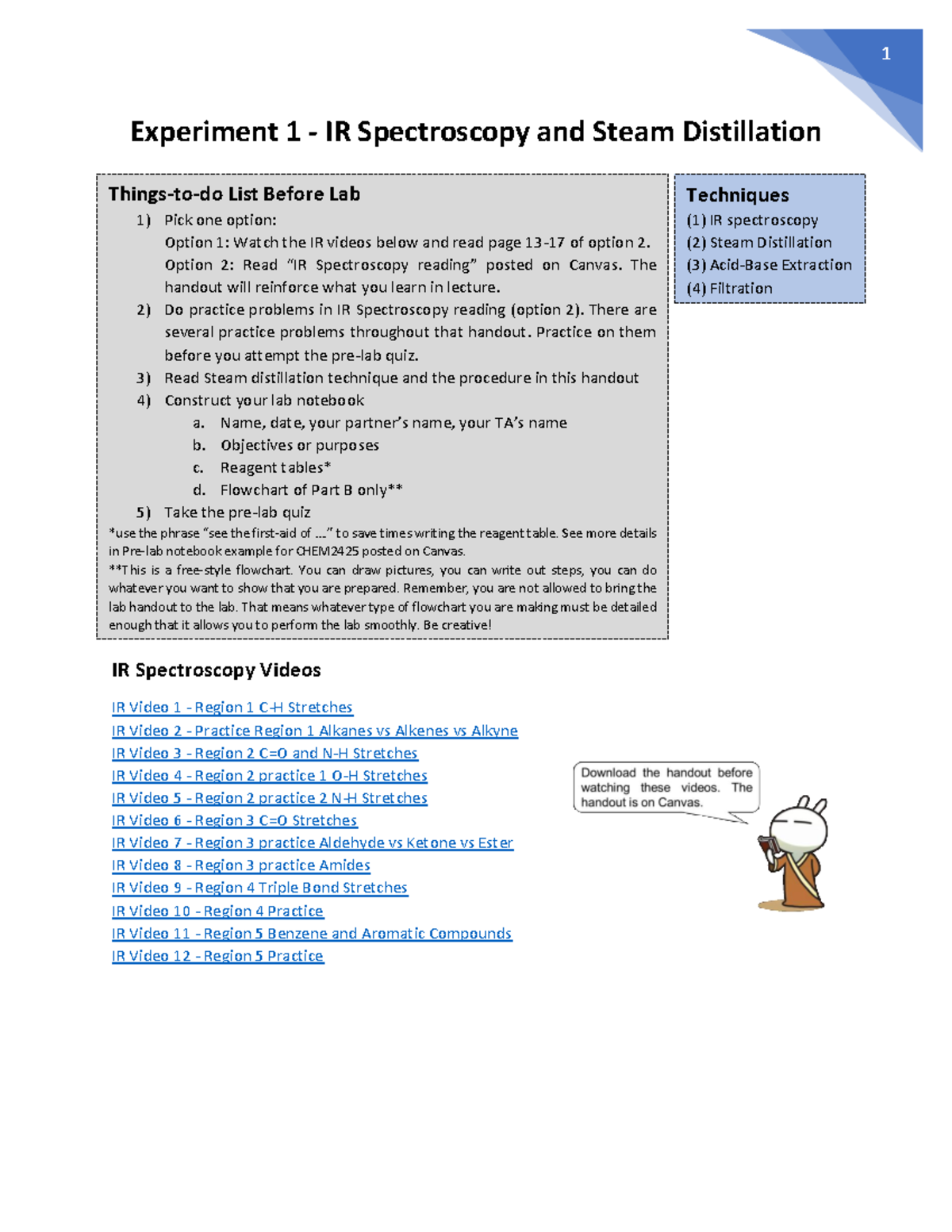 Experiment 1 - handout - Experiment 1 - IR Spectroscopy and Steam ...