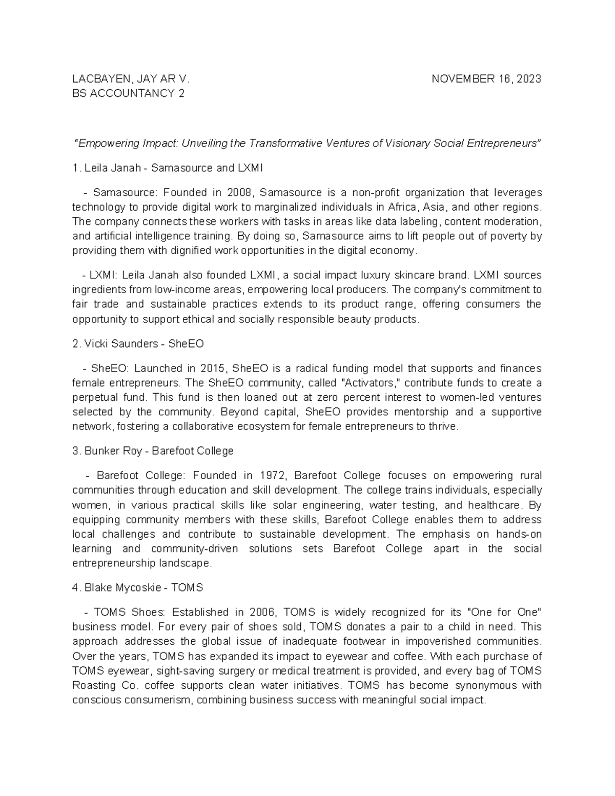 Entrep MIND - LACBAYEN, JAY AR V. NOVEMBER 16, 2023 BS ACCOUNTANCY 2 ...