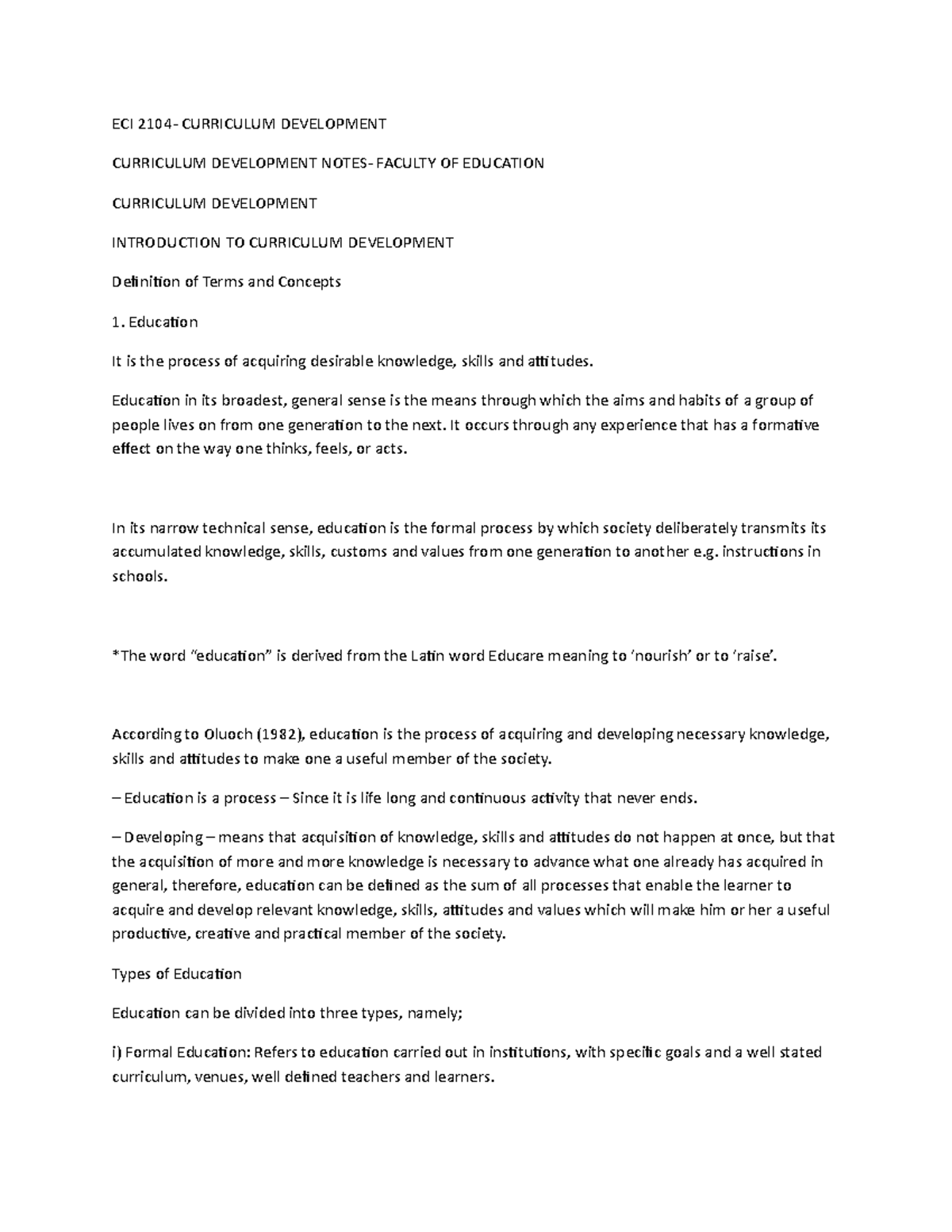 ECI 2104- Curriculum Development lecture notes - ECI 2104- CURRICULUM ...