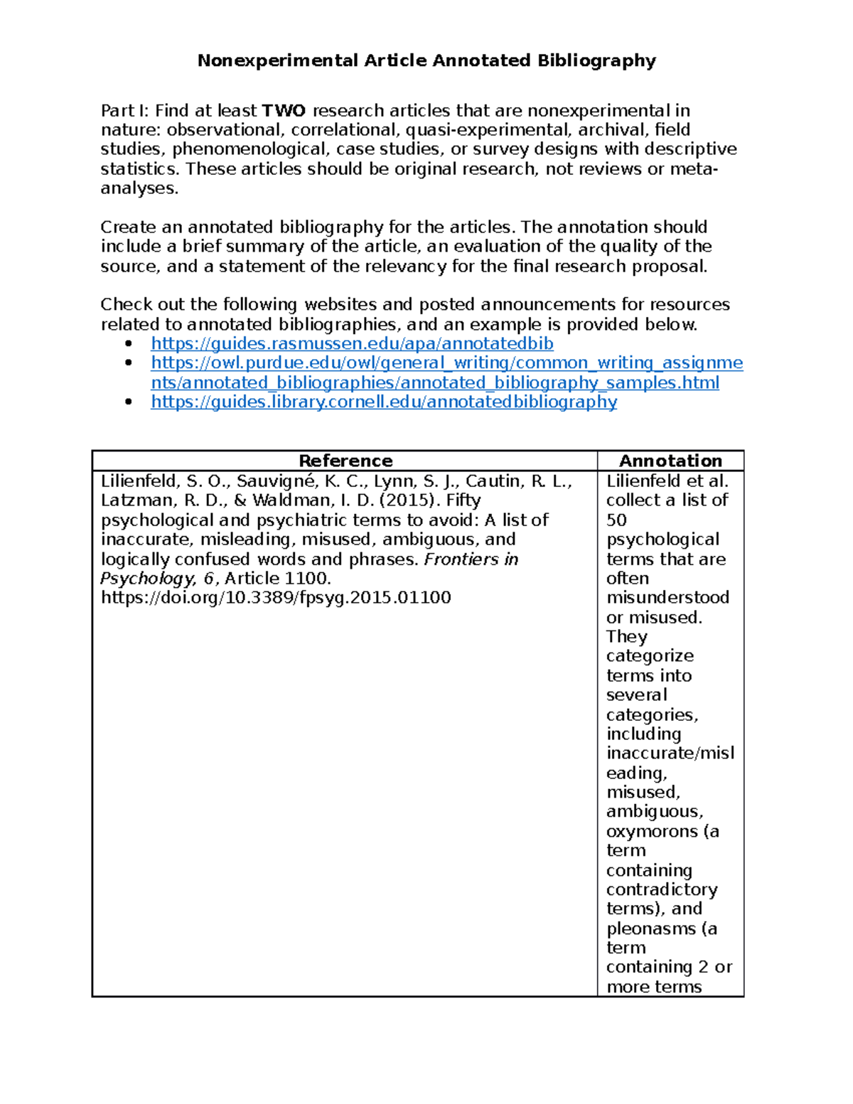 PSY 452 RS Annotated Bibliography Worksheet - Part I: Find at least TWO ...