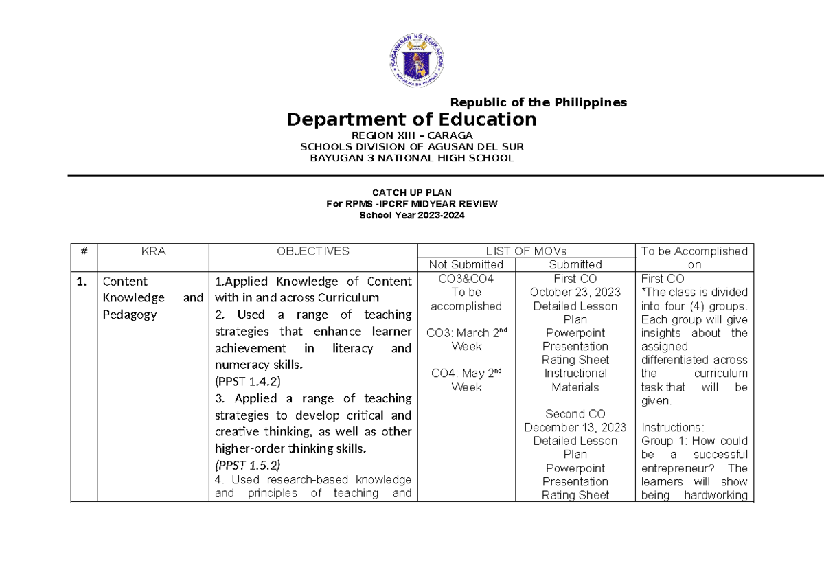 RPMS Catch Up Plan - For learning Materials - Republic of the ...