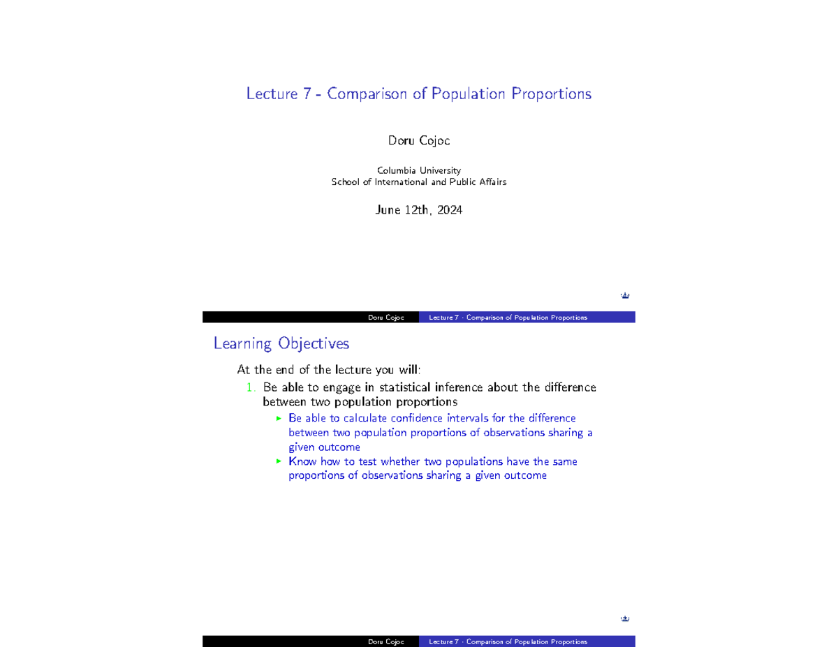 Handout 7 - Lecture 7 - Comparison of Population Proportions Doru Cojoc Columbia University ...