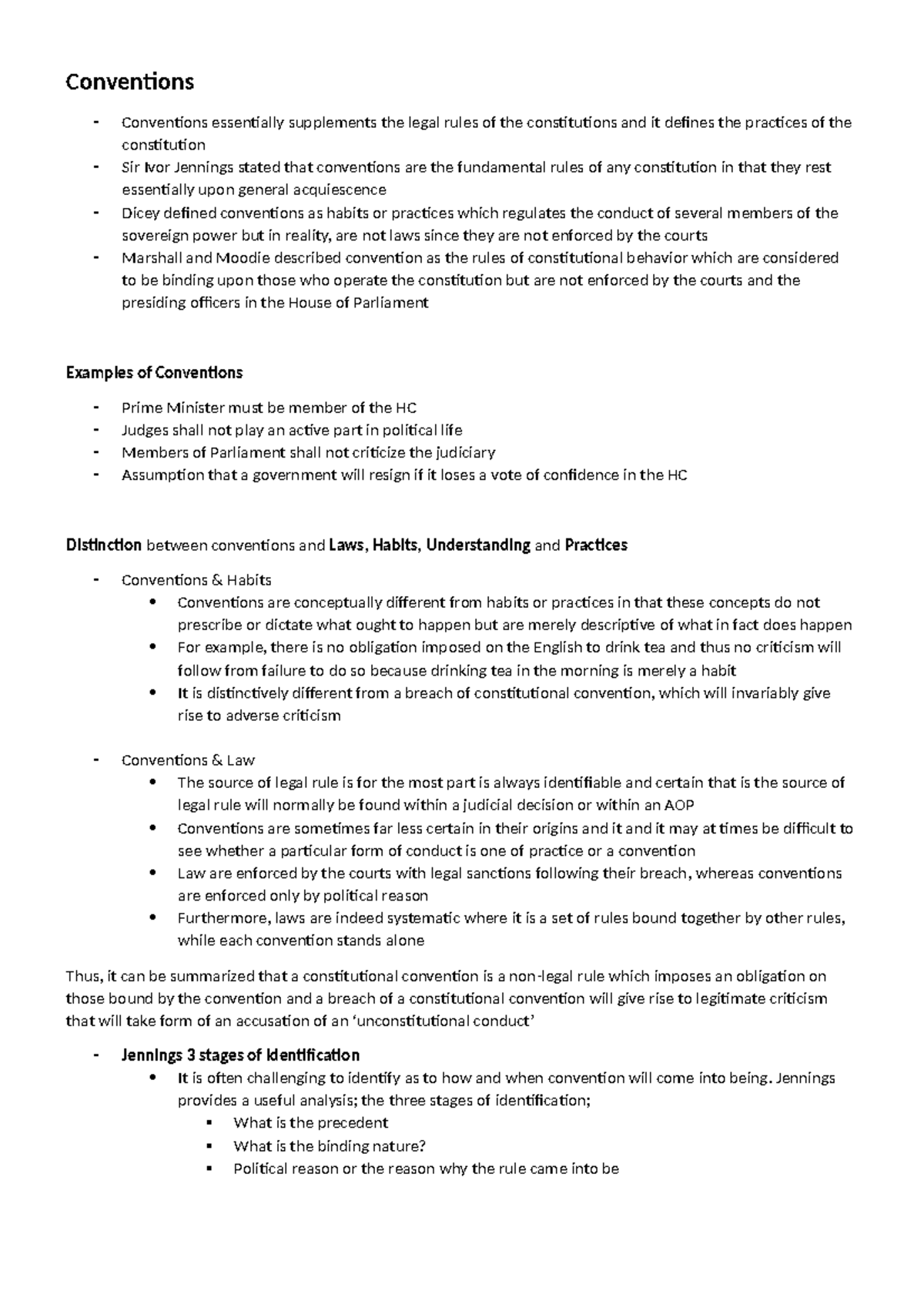 Conventions Notes For Constitutional and Administrative Law I - Studocu